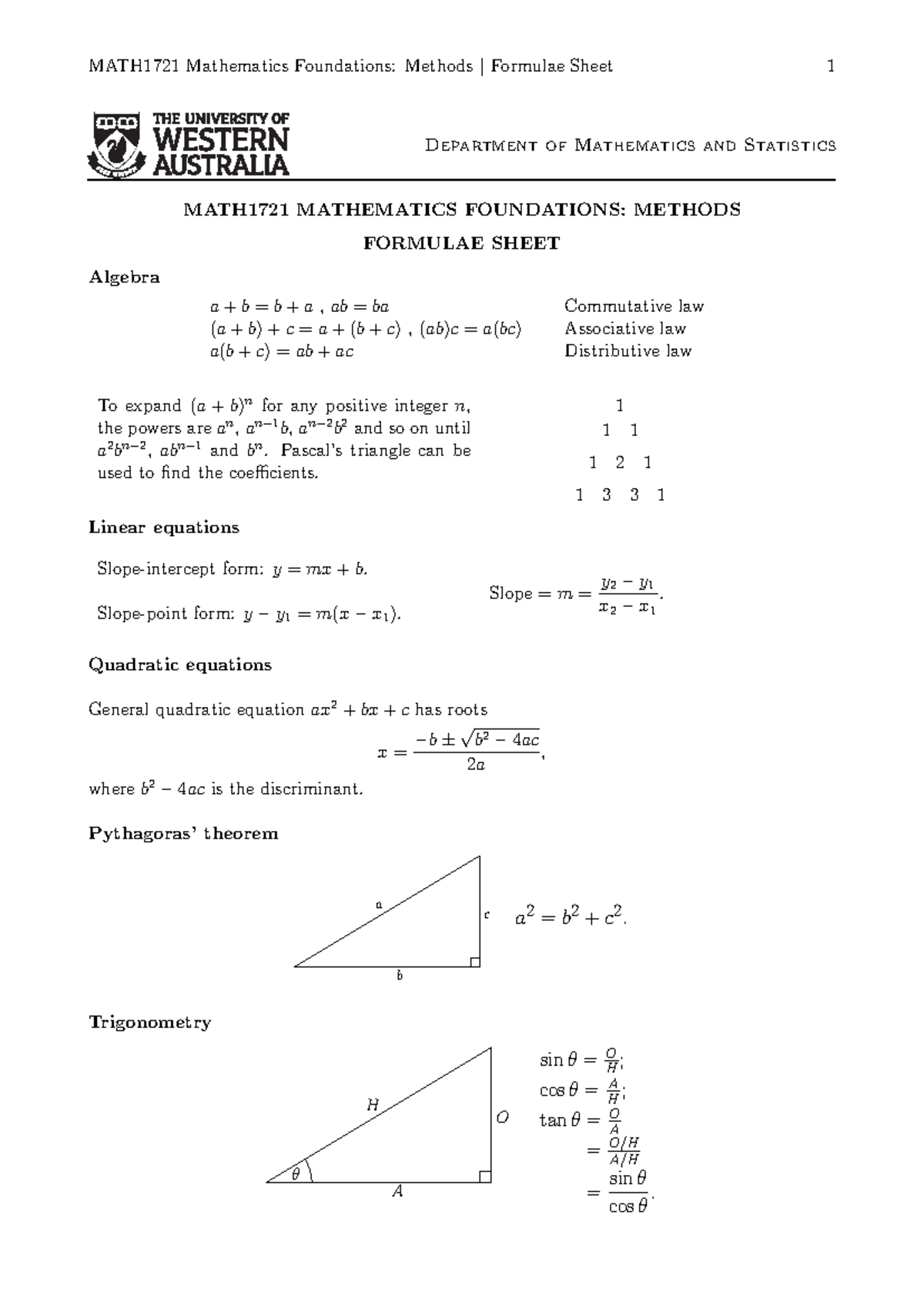 MATH1721 Mathematics Foundations: Comprehensive Formula Sheet - Studocu