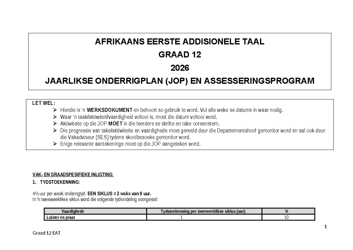 GRAAD 12 EAT 2026 JAARLIKSE ONDERRIGPLAN EN ASSESSERINGSPROGRAM - Studocu