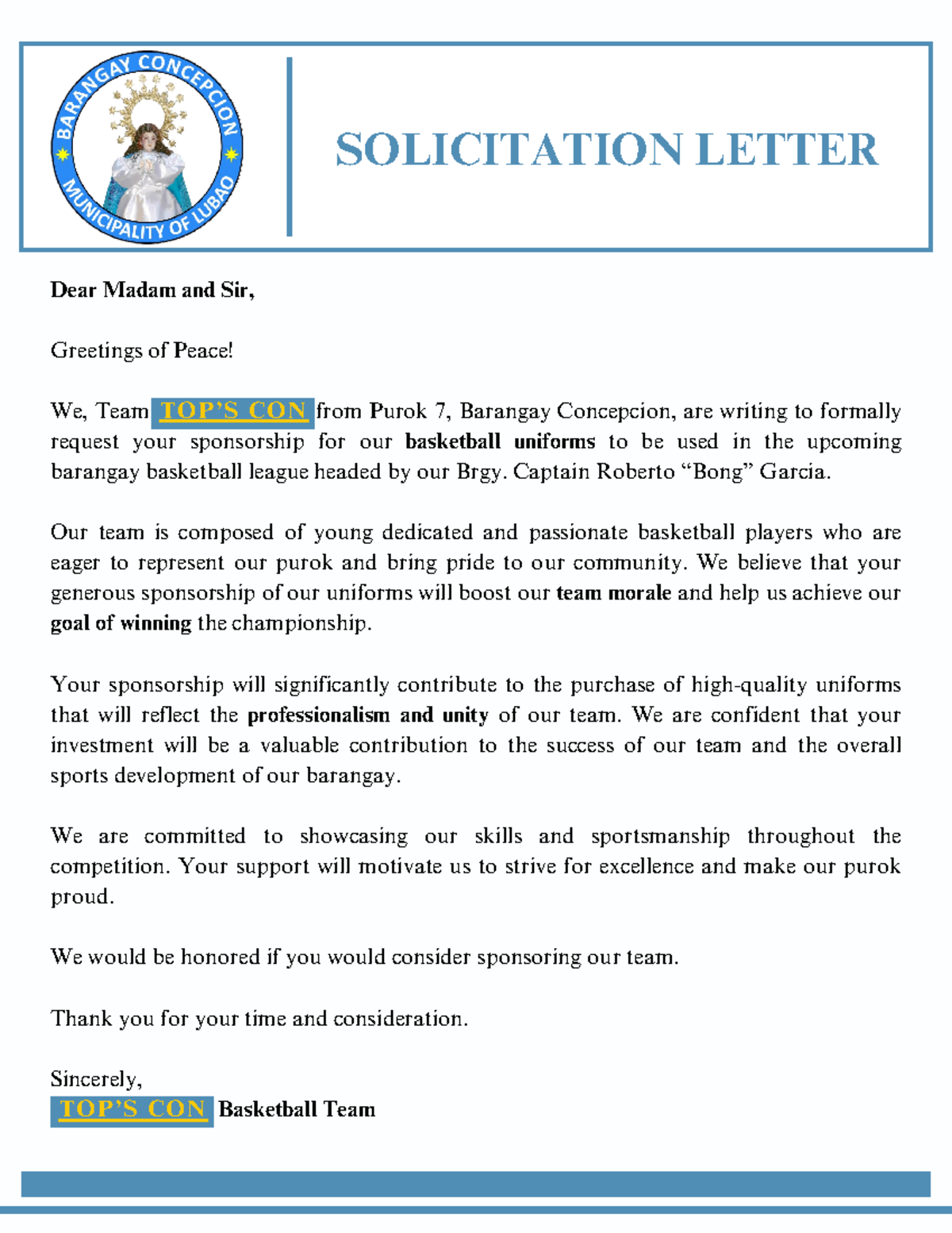 Purok 7 Basketball Team Solicitation Letter for Sponsorship - Studocu