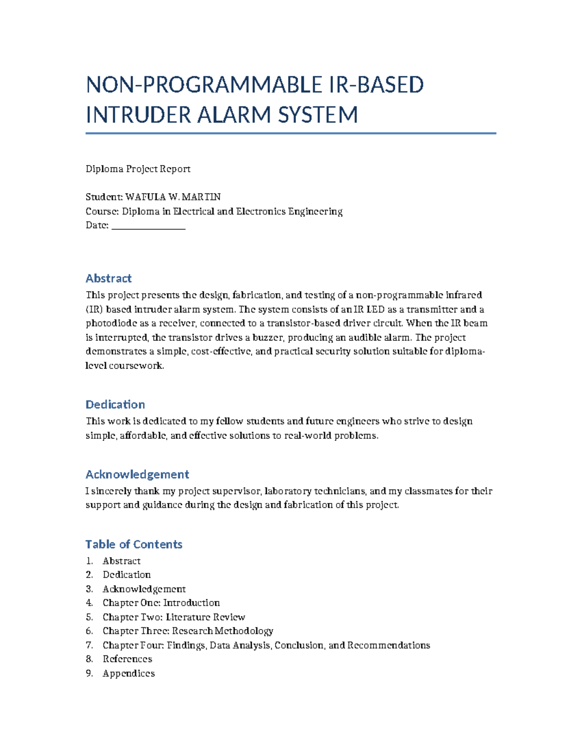 IR Intruder Alarm System Diploma Project Report - Studocu