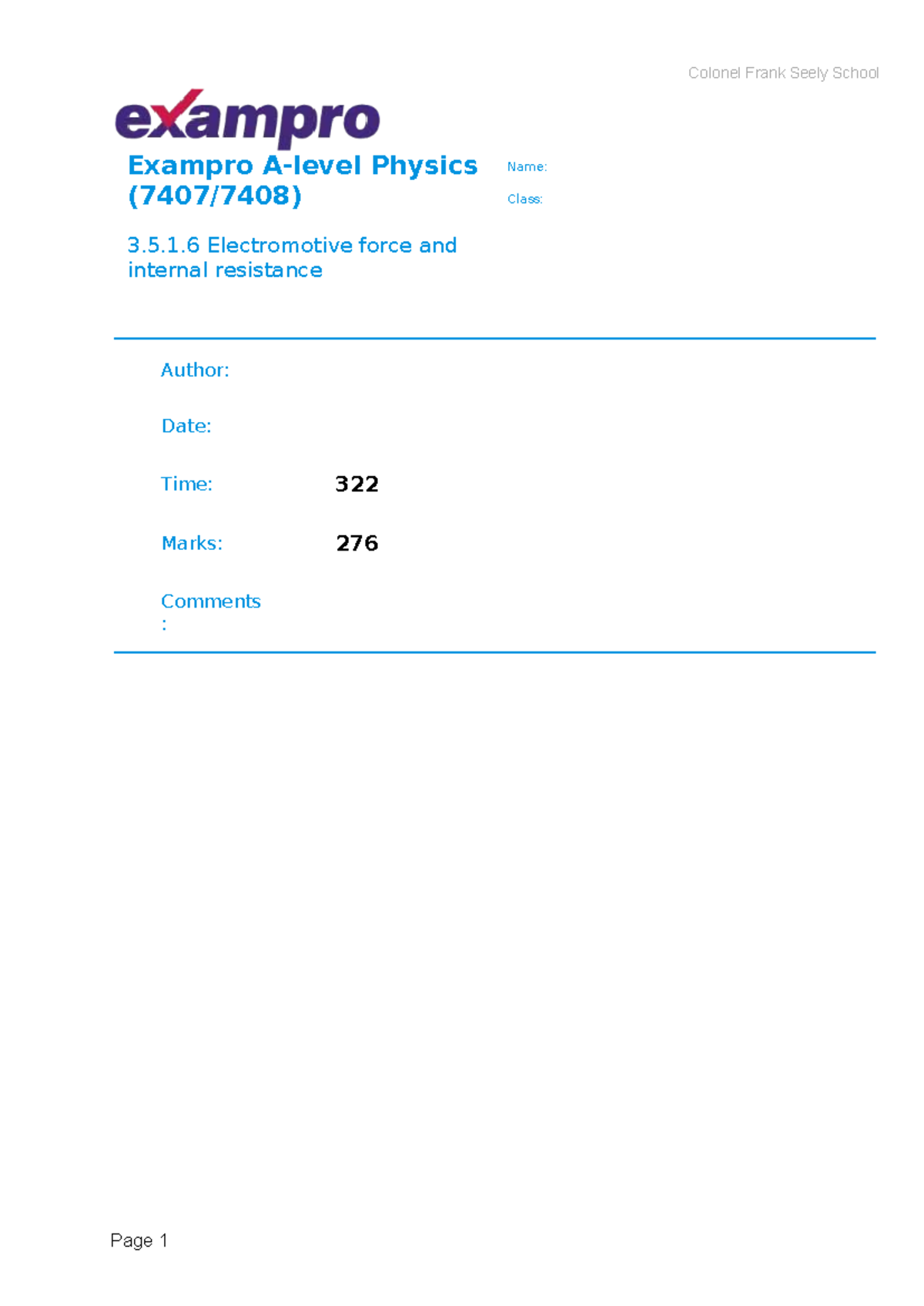 Colonel Frank Seely School Physics 3.5 Exam: Electromotive Force ...