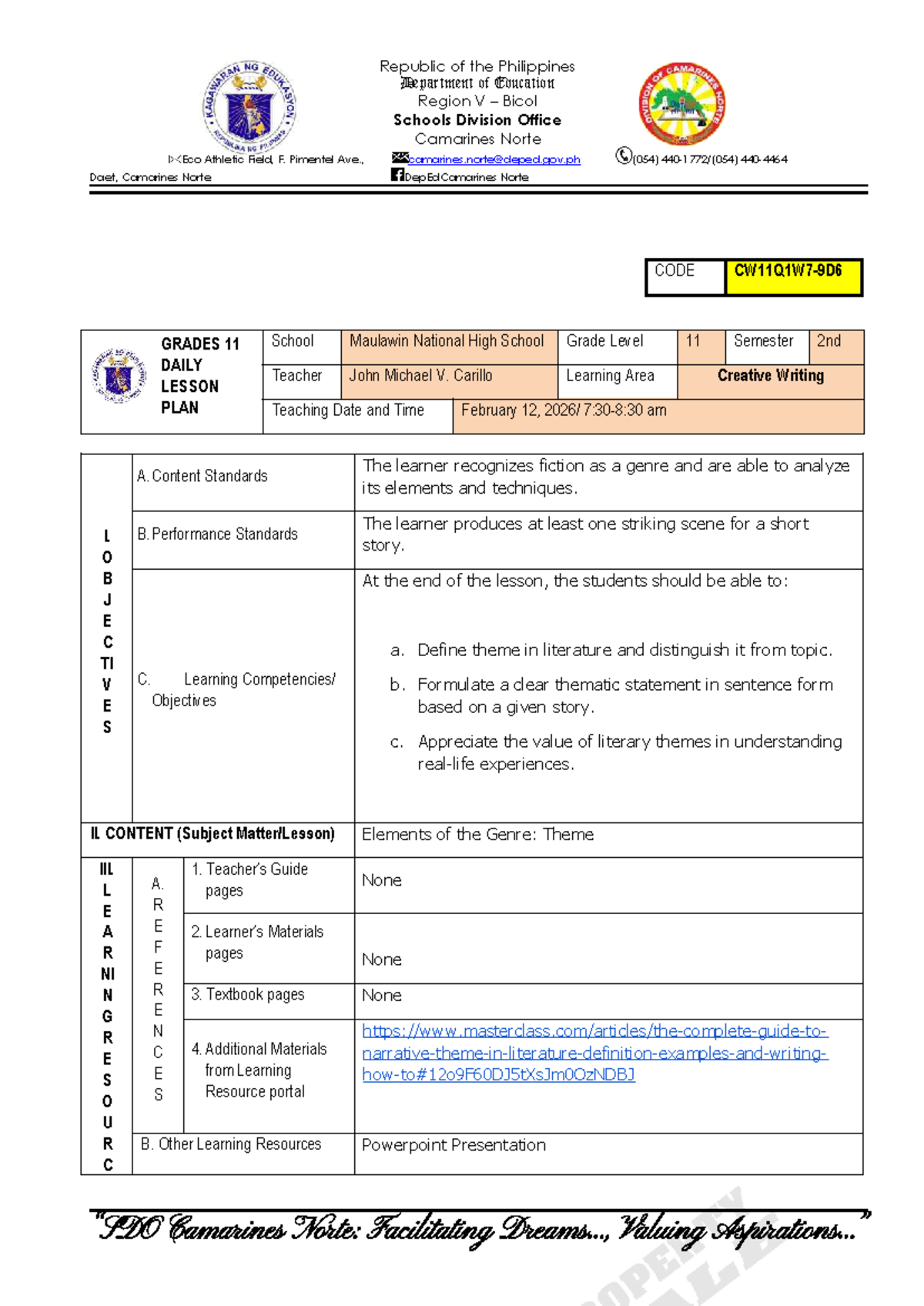 Creative Writing Lesson Plan: Understanding Themes (Grade 11) - Studocu