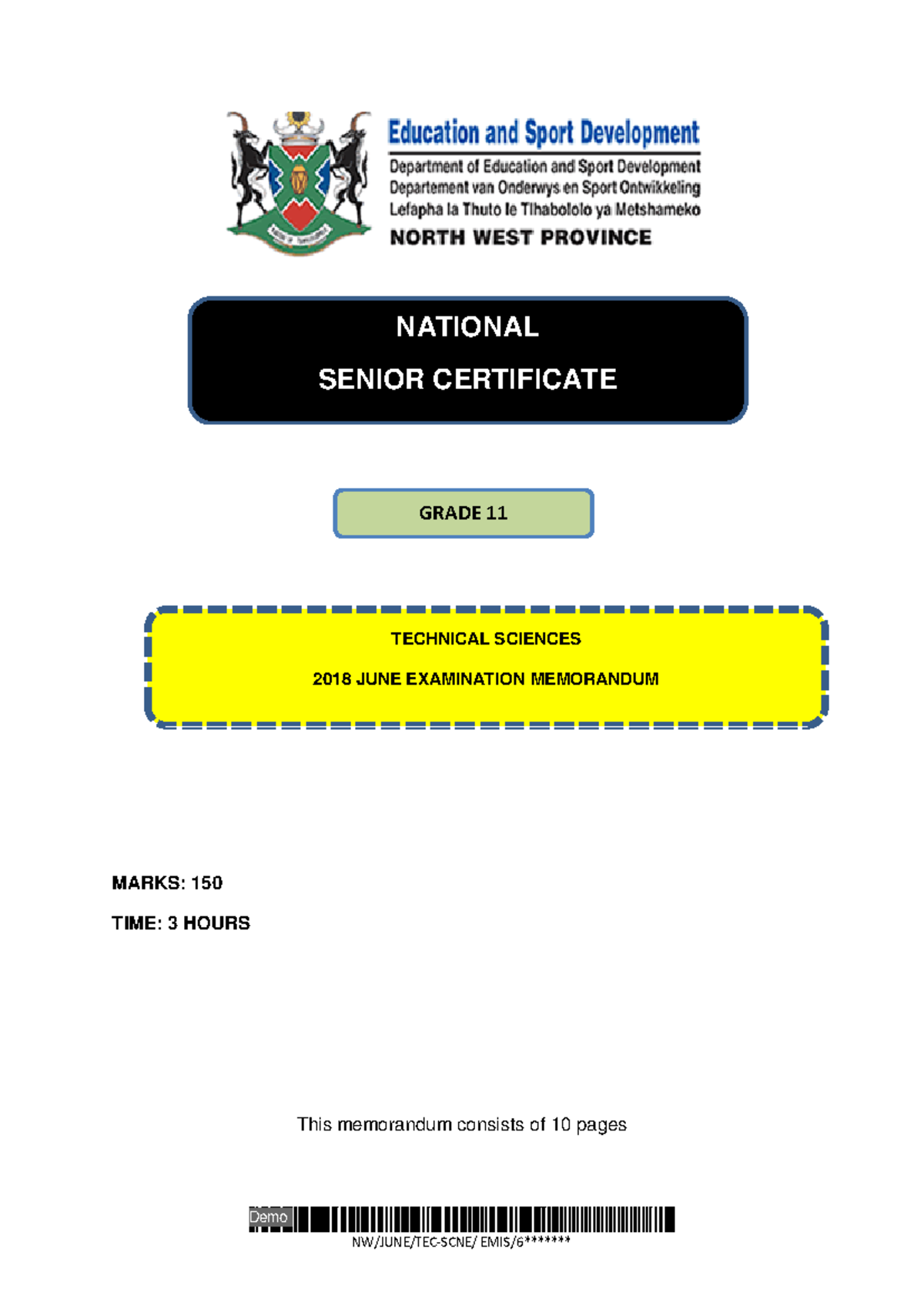 TECHNICAL SCIENCES GRADE 11 NSC 2018 JUNE EXAM MEMO - Studocu
