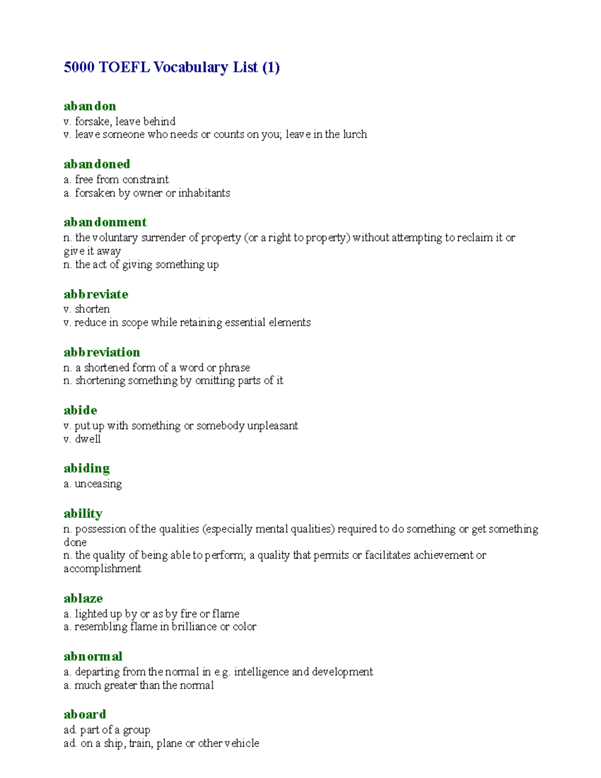 TOEFL Vocabulary List (1) - Essential Terms and Definitions - Studocu