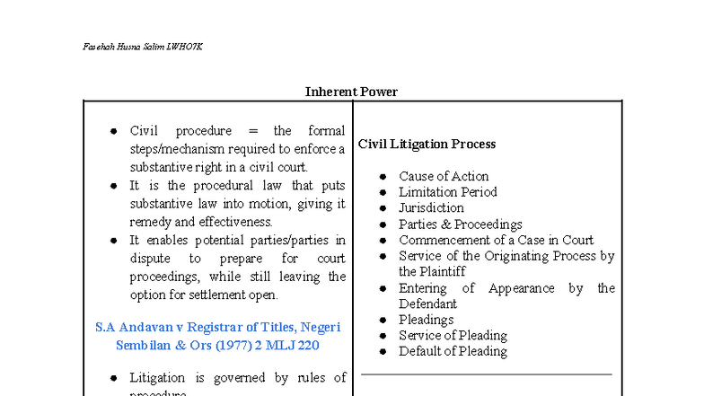 Civil Procedure Notes LWHO7K: Inherent Power & Cause of Action - Studocu