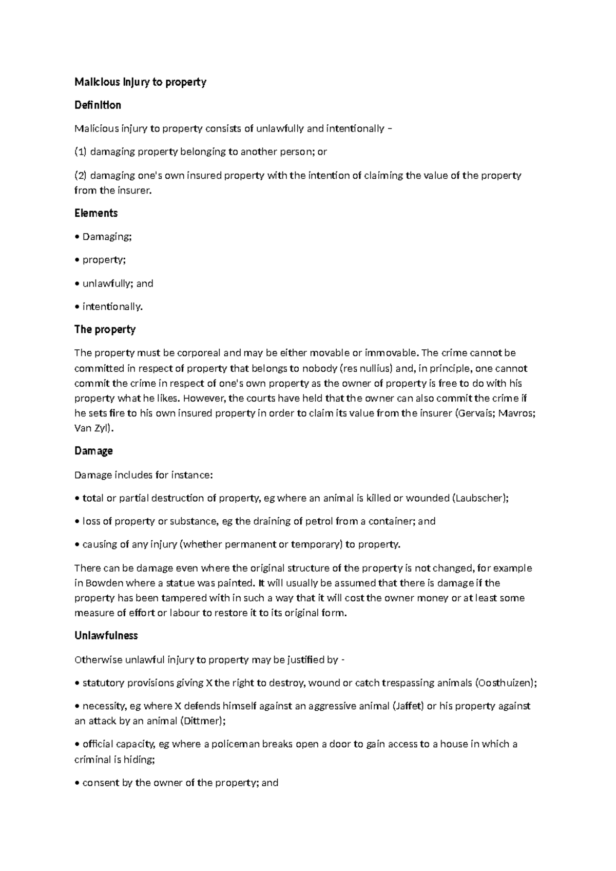 Malicious Injury to Property: Key Elements and Definitions - Studocu