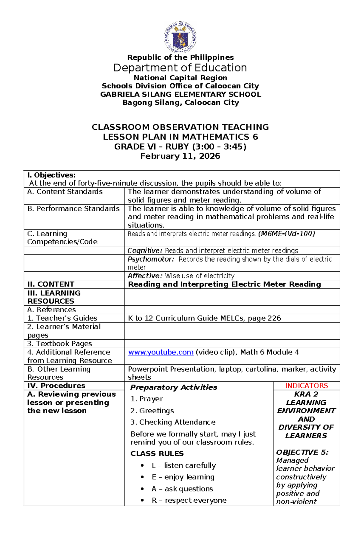 CO2 - Electric Meter Lesson Plan for Grade VI Mathematics - Studocu