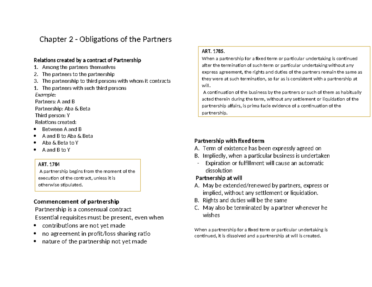 Chapter-2 - Notes for partnership law - Chapter 2 - Obligations of the ...