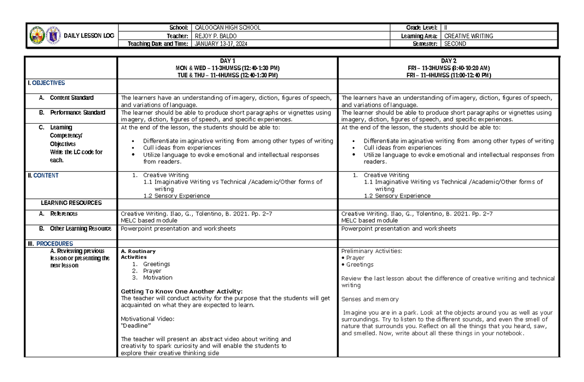 Creative Writing Lesson Plan: Understanding Imagery & Diction (CW-W2 ...