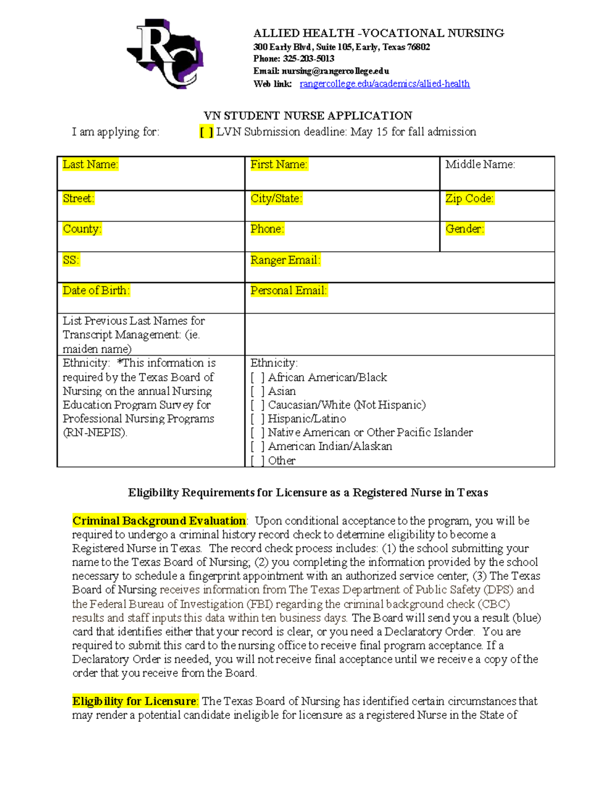 VN Nursing Student Application Form - Updated 2023 - Studocu
