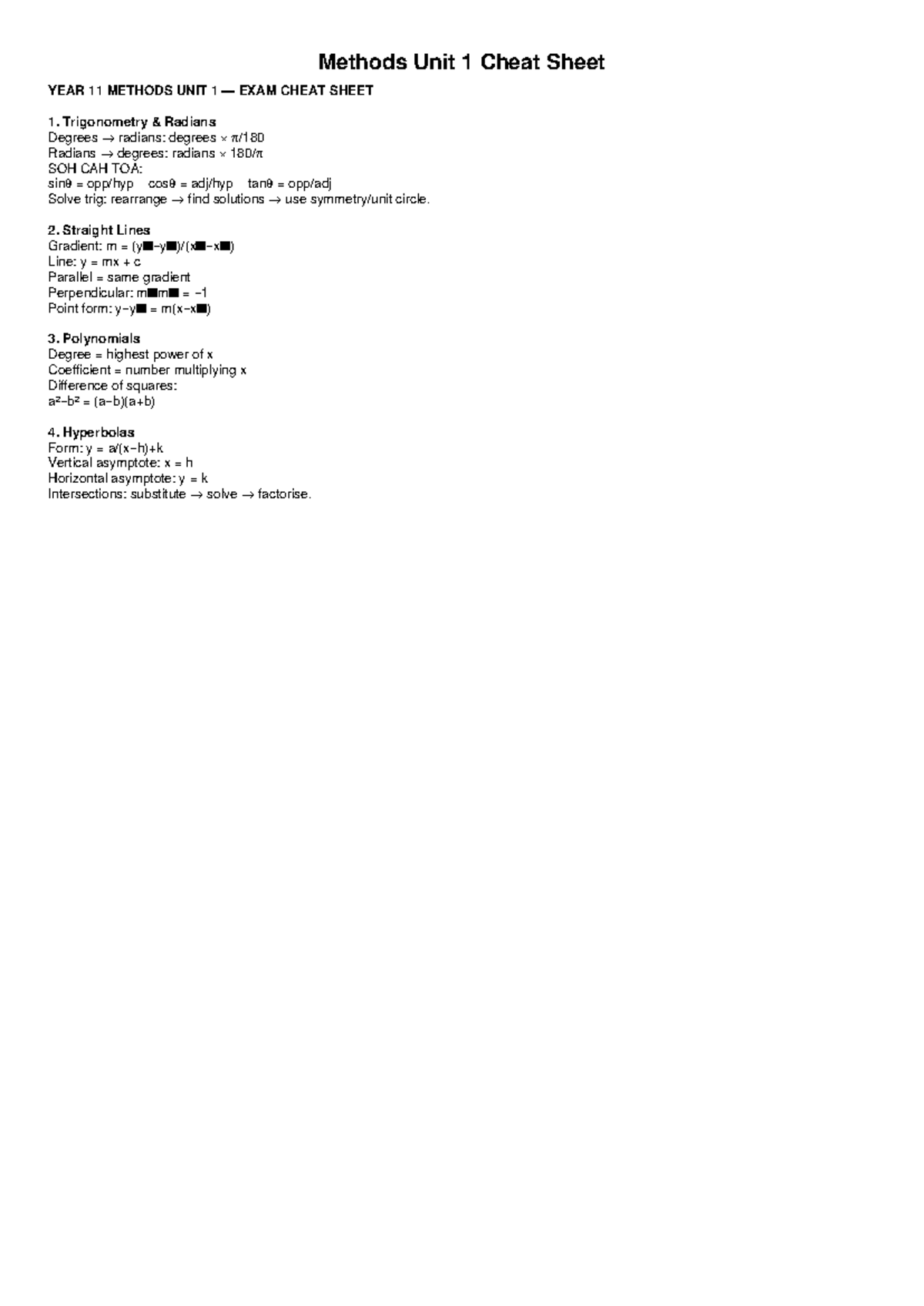 Year 11 Methods Unit 1 Exam Cheat Sheet: Trig, Lines, Polynomials ...