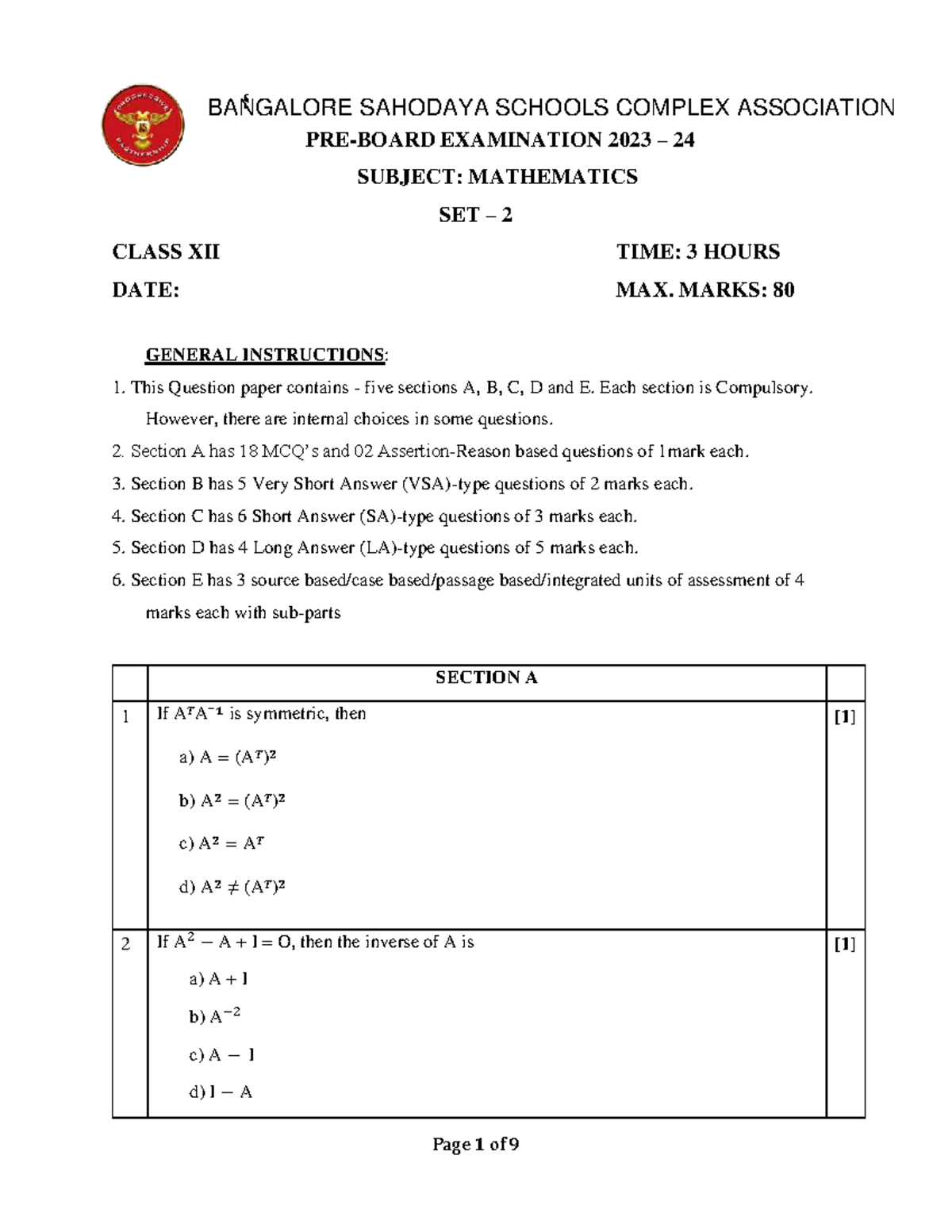 Mathematics Exam Set 2 - SAHODAYA Schools Complex 2023-24 - Studocu