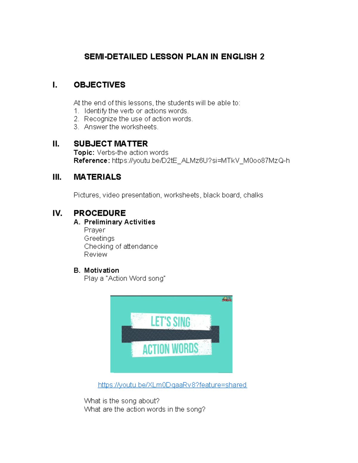 Semi-Detailed Lesson Plan for English 2: Understanding Action Verbs ...