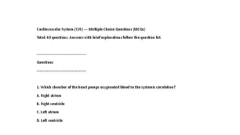 CVS MCQs: Practice Questions on Cardiovascular Physiology with Answers ...