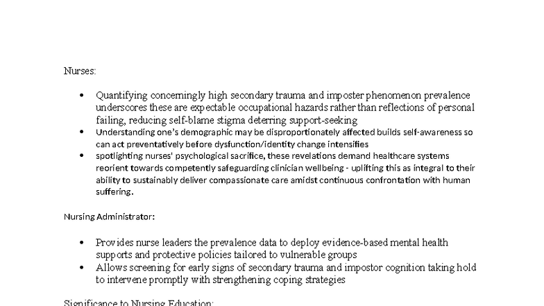 Nursing Admin: Addressing Secondary Trauma & Imposter Phenomenon - Studocu