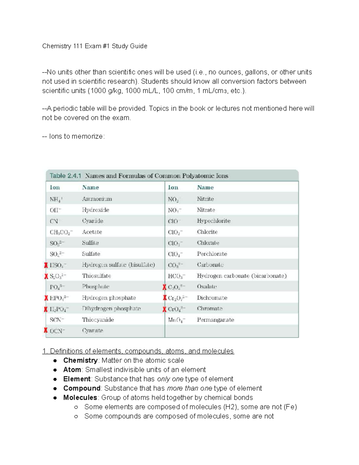 Chemistry 111 Exam #1 Study Guide: Key Concepts and Formulas - Studocu