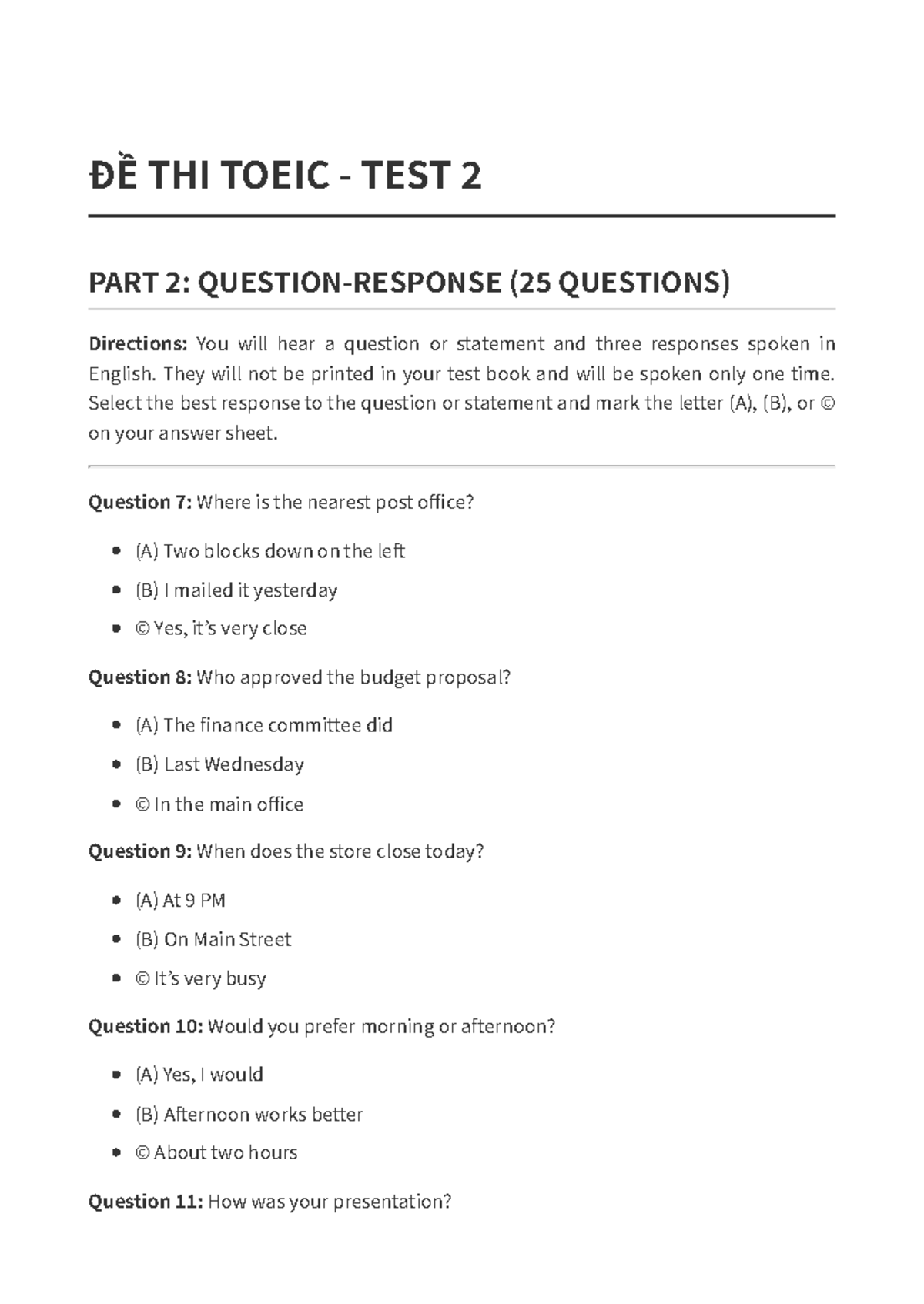 ĐỀ THI TOEIC TEST 2: PART 2 PRACTICE (25 QUESTIONS) - Studocu