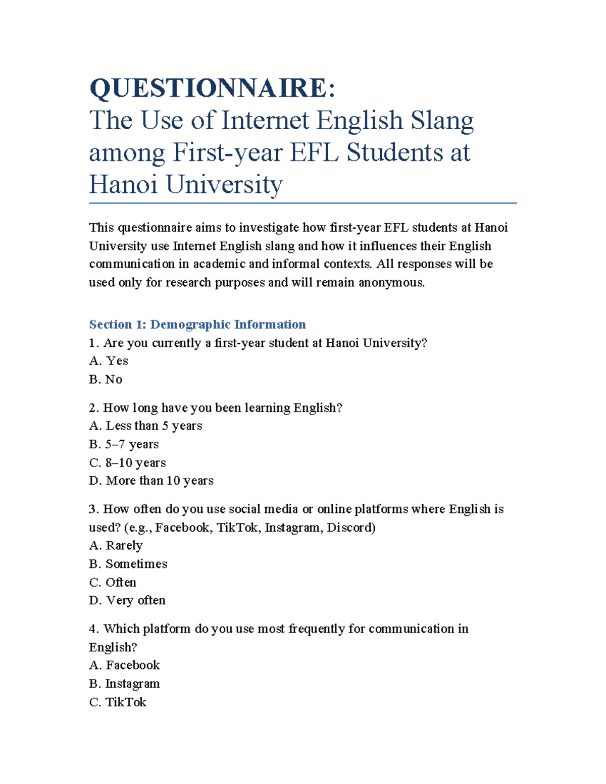 Questionnaire: Internet English Slang Use Among EFL Students at HANU ...