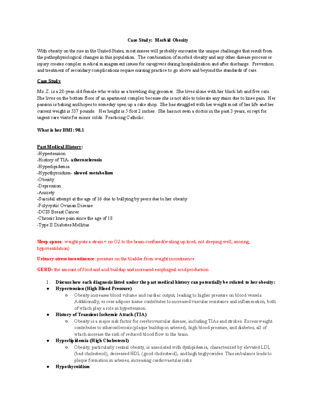 Obesity Case Study: Nursing Interventions & Post-Op Care for Ms. Z ...