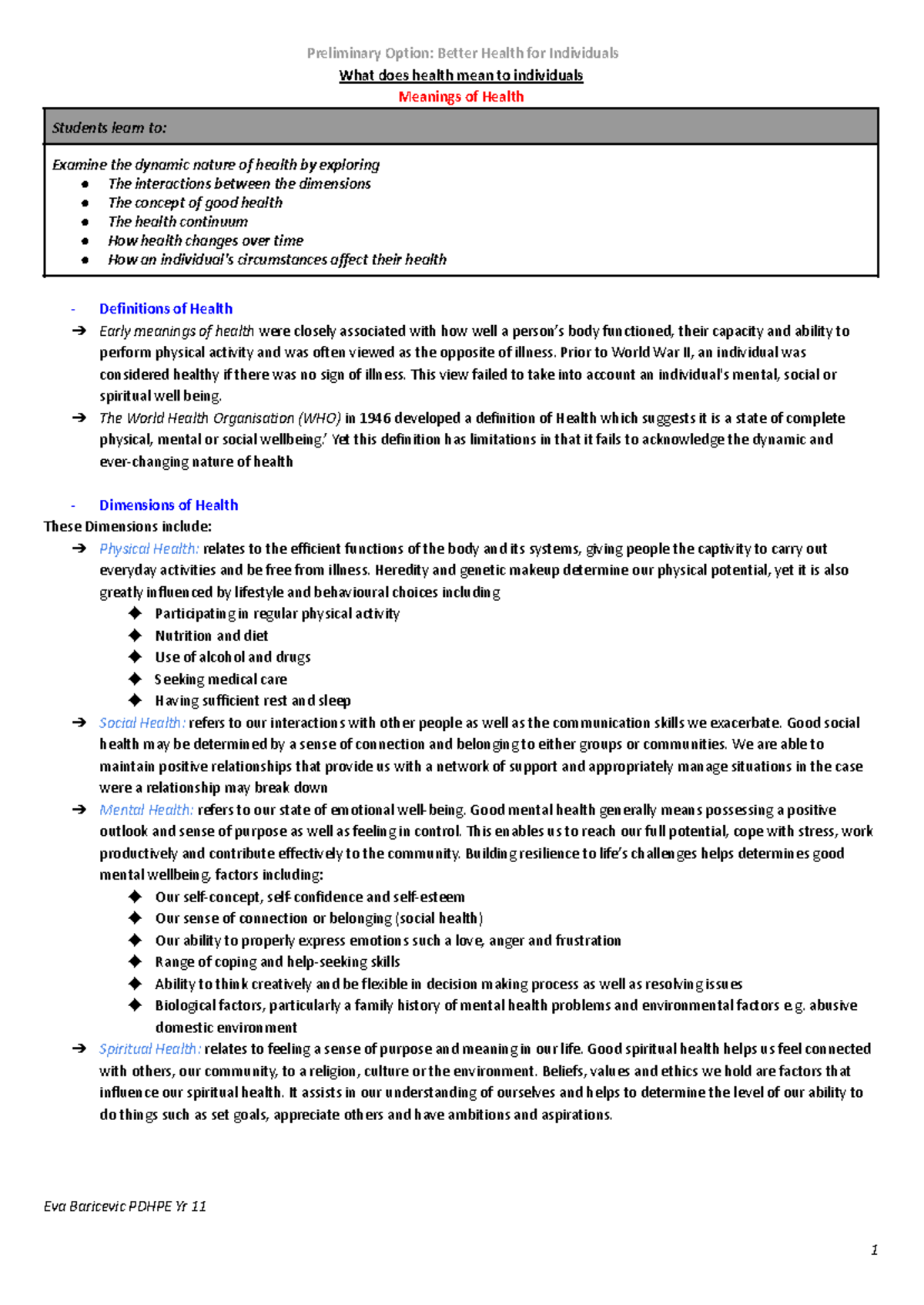 Better Health for Individuals: Eva Baricevic's PDHPE Yr 11 Notes - Studocu