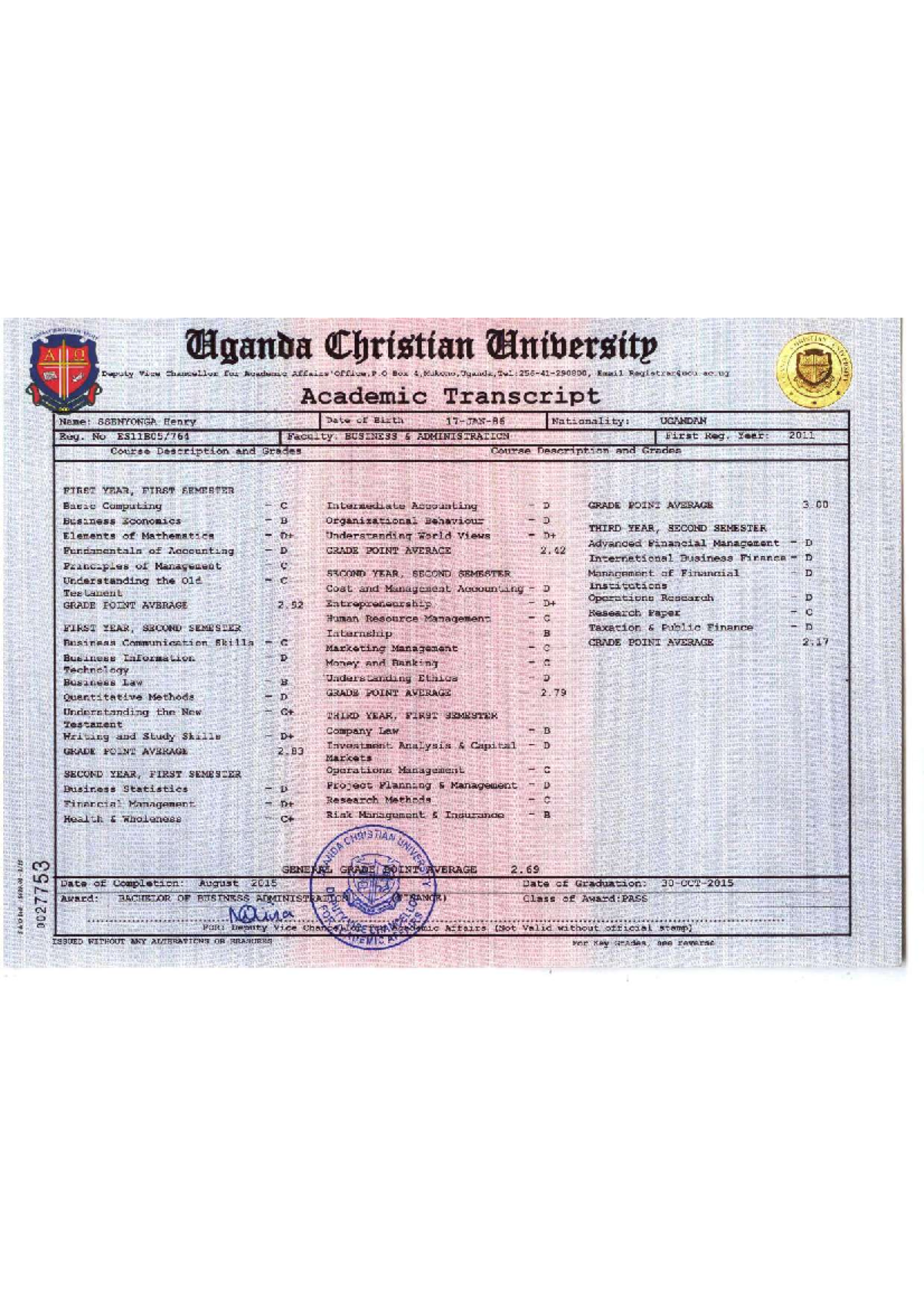 Uganda Christian University - BBA Transcript for SSENYONGA Henry - Studocu