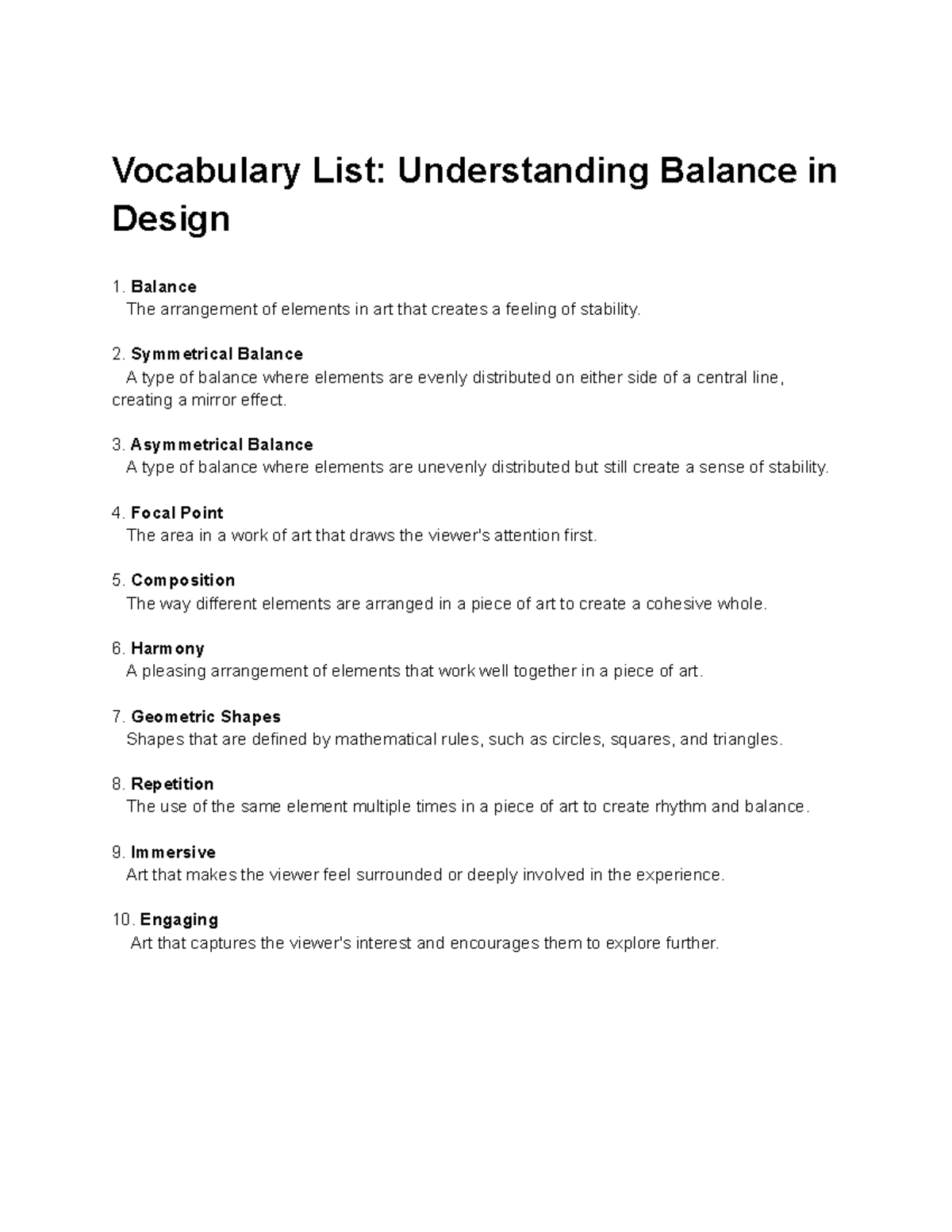 Vocabulary List - Understanding Balance in Design (ART101) - Studocu