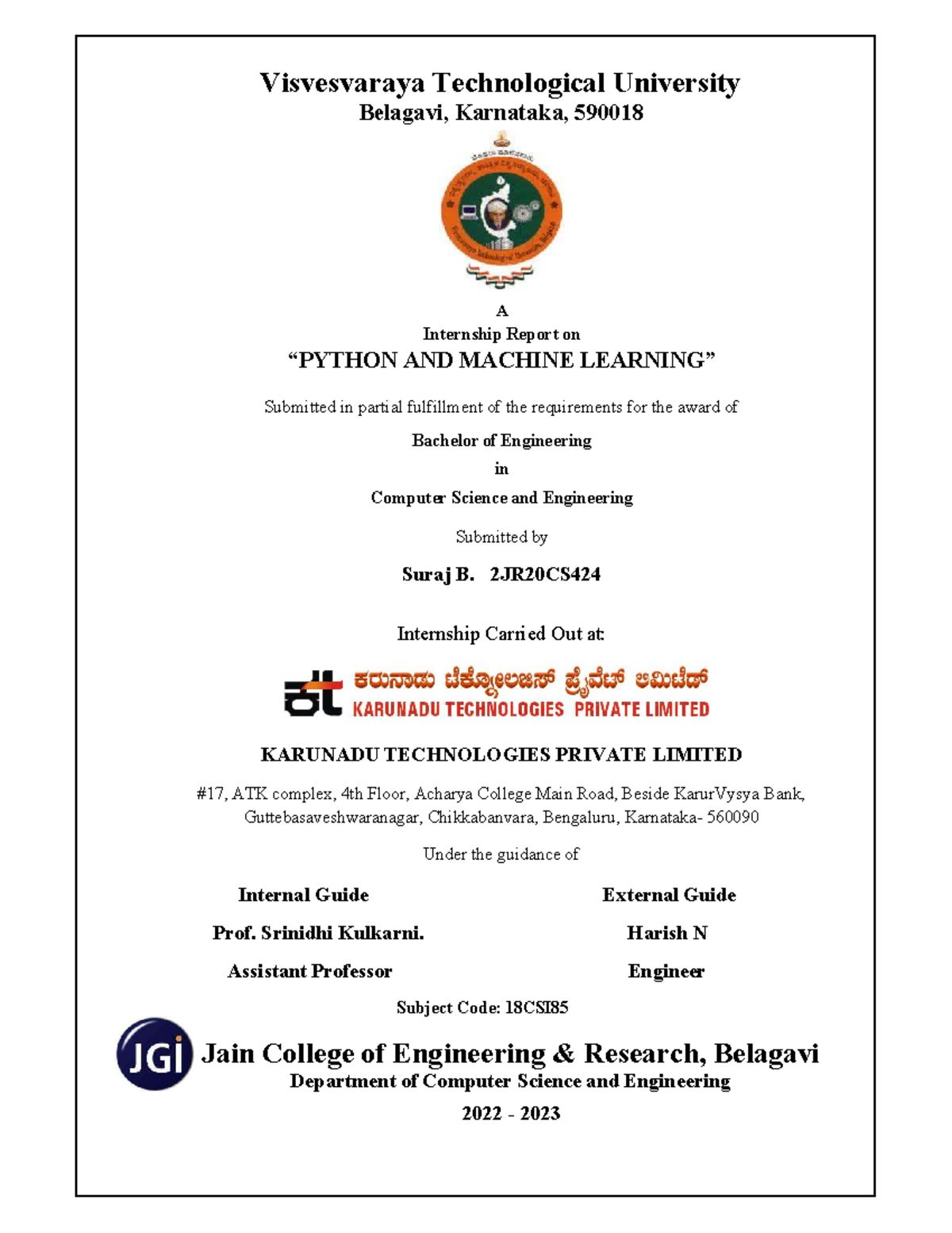 Report - 2JR20CS Internship Carried Out at: KARUNADU TECHNOLOGIES ...