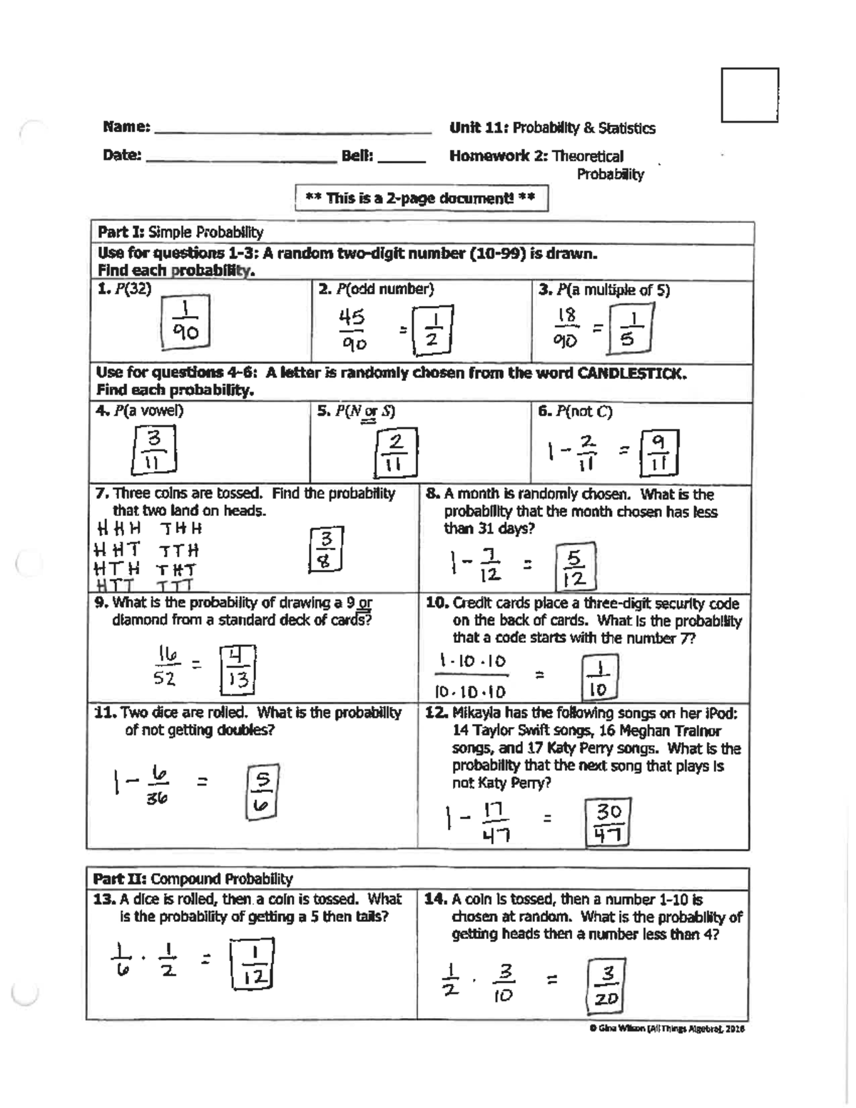 Unit 11 HW 2: Theoretical Probability Answer Key - Studocu
