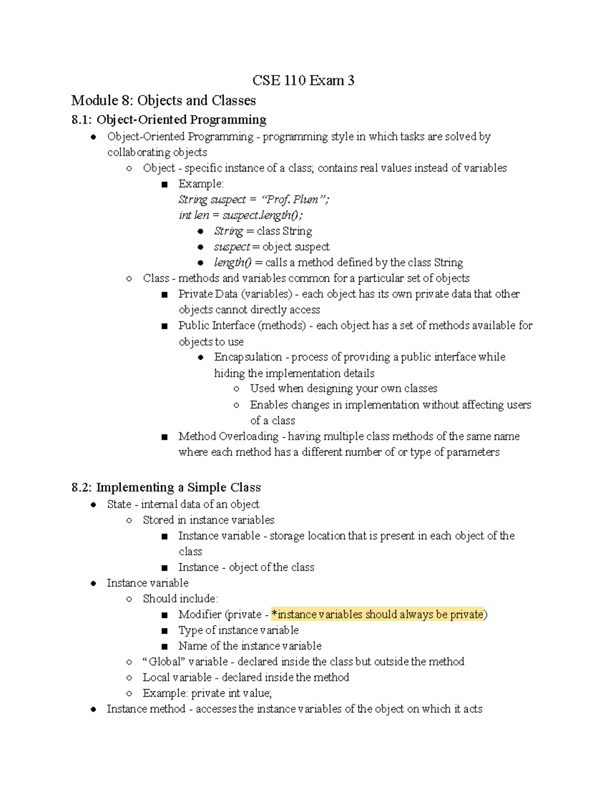 Exam 3 Study Guide: Modules 8 & 9 - CSE 110 Exam 3 Module 8: Objects ...
