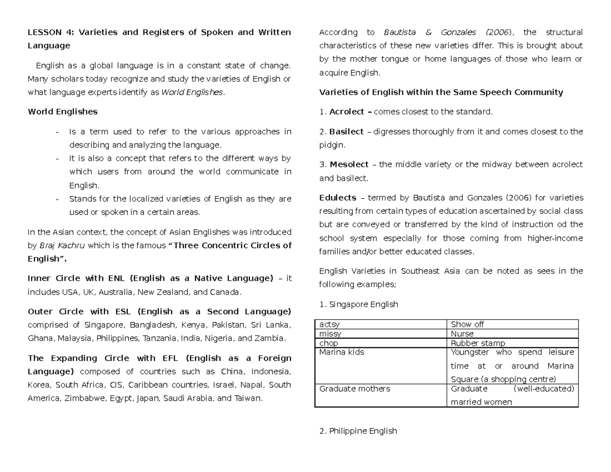Lesson 4 Varieties and Registers of Spoken and Written Language ...