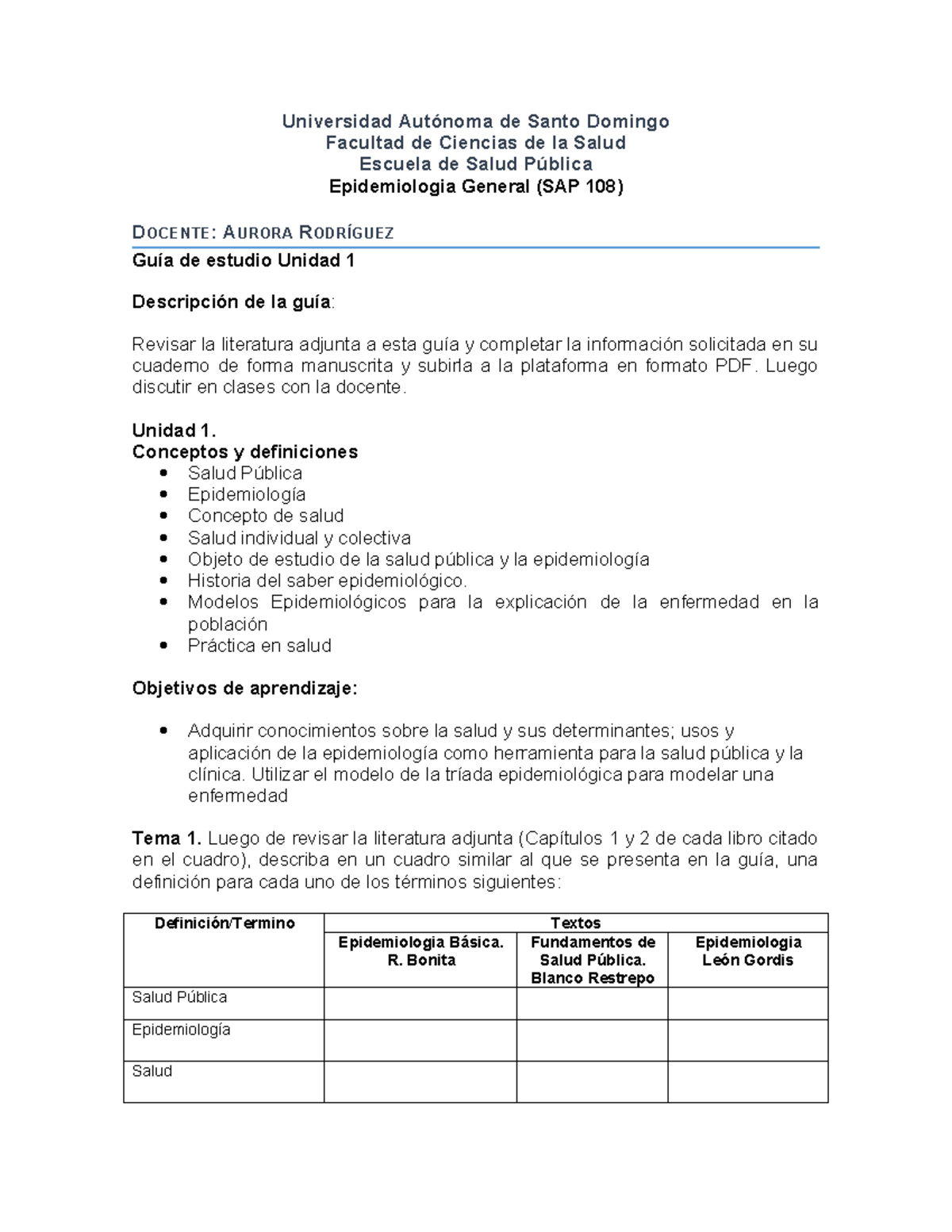 Guía de Estudio Unidad 1 SAP 108 - Epidemiología General - Studocu