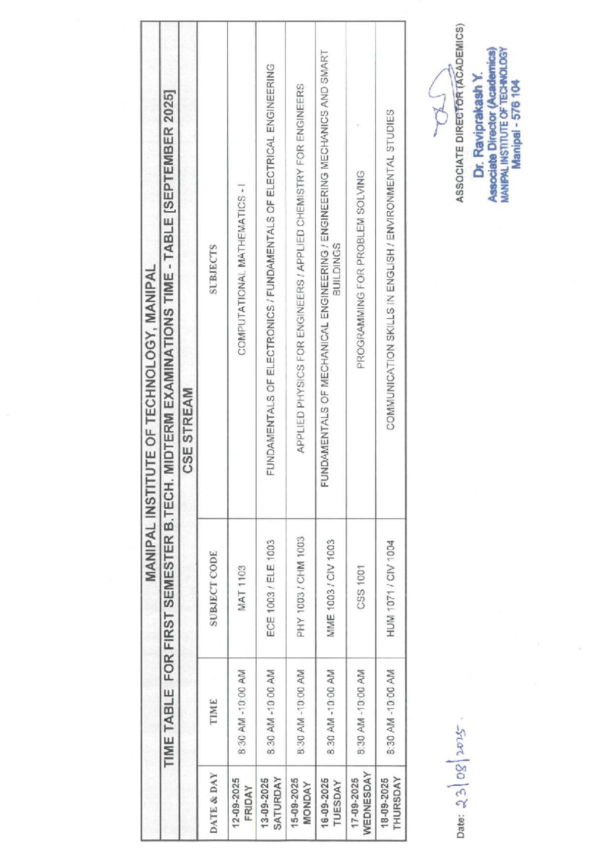 MIT B.Tech 1st Sem Midterm Exam Time Table - CSE Stream - Studocu