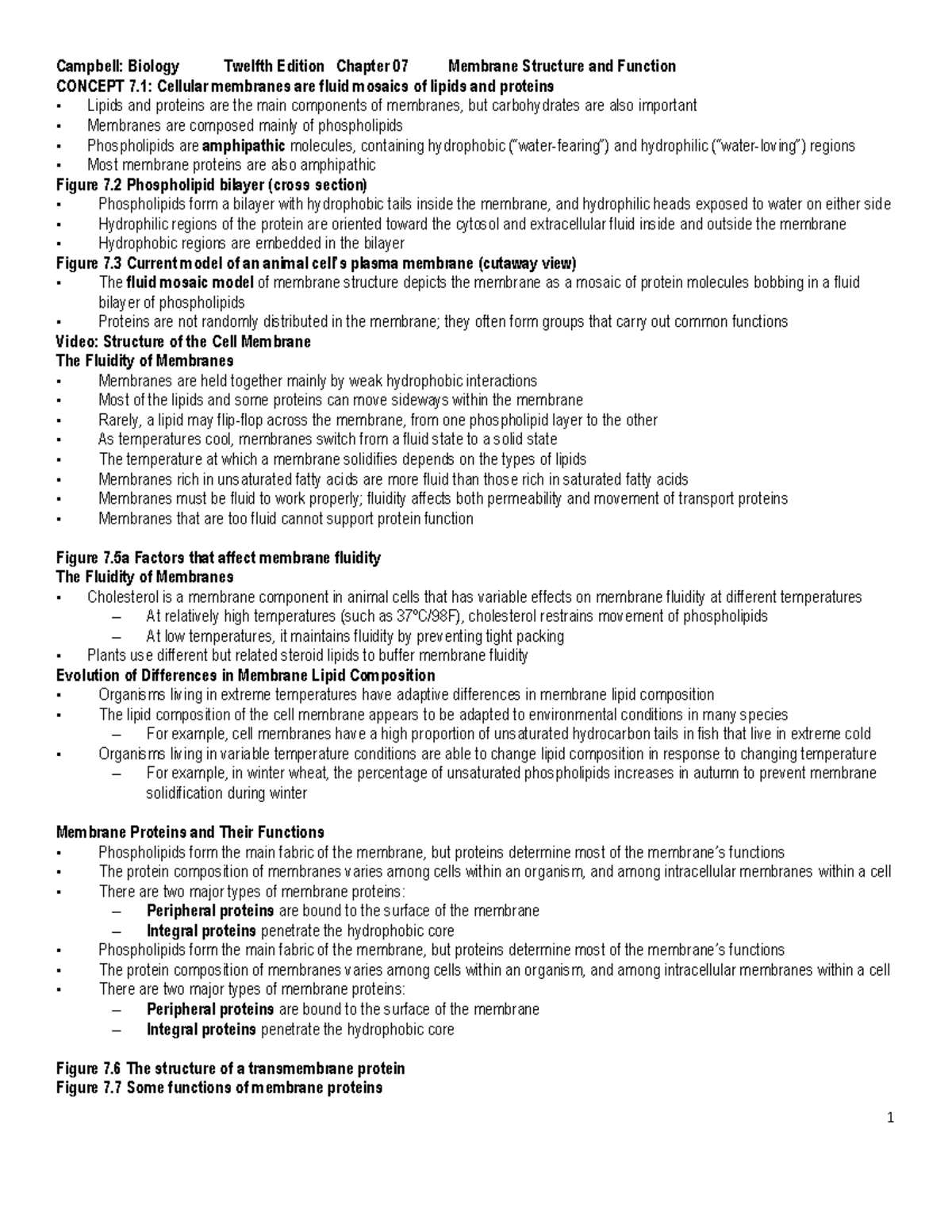 Notes 07: Membrane Structure & Function - Campbell Biology Ch. 7 - Studocu