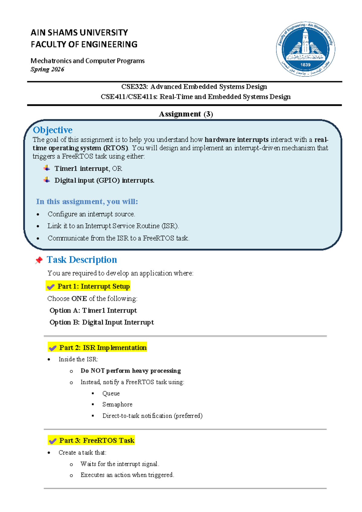 CSE323: Assignment 03 - Advanced Embedded Systems Design - Studocu