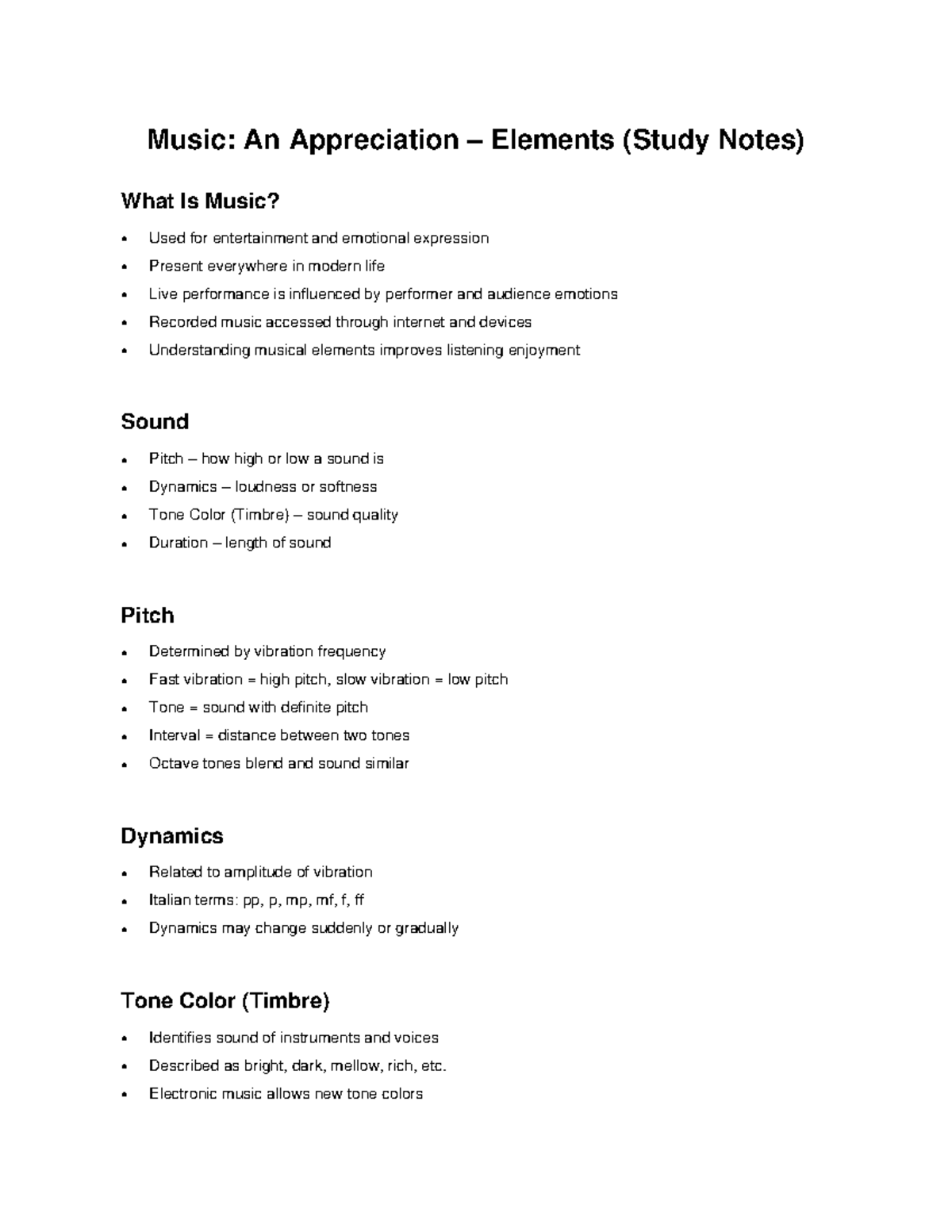 Music Elements Study Notes (MUS 101) - Week 1 Overview - Studocu