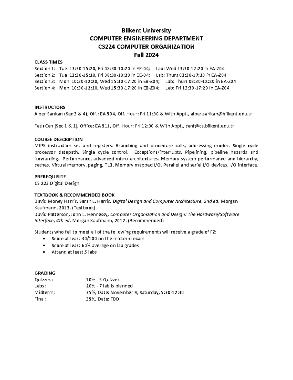 CS224 Fall 2024 Computer Organization Course Syllabus v2 - Studocu