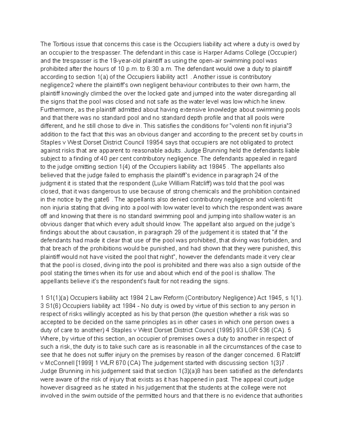ES2 - Case Study on Occupiers Liability Act and Contributory Negligence ...