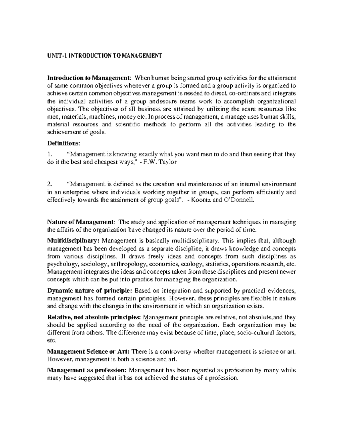 MS UNIT-1: Introduction to Management Concepts and Principles - Studocu