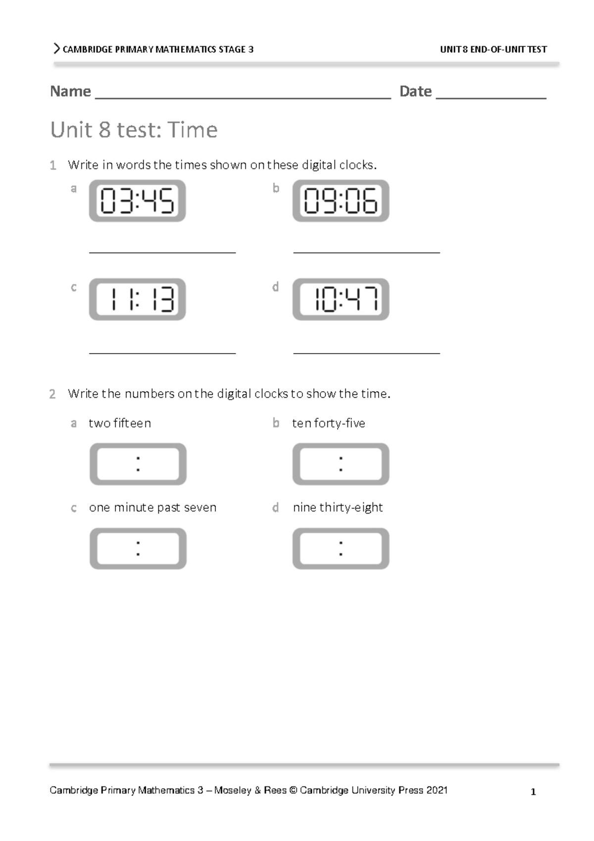 CAMBRIDGE PRIMARY MATHEMATICS STAGE 3 UNIT 8 TEST - Studocu