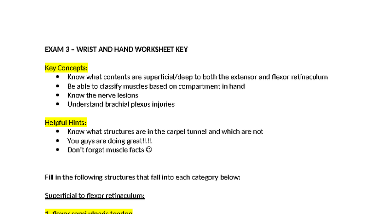 Exam 3 - Wrist and Hand Worksheet Key: Key Concepts & Structures - Studocu