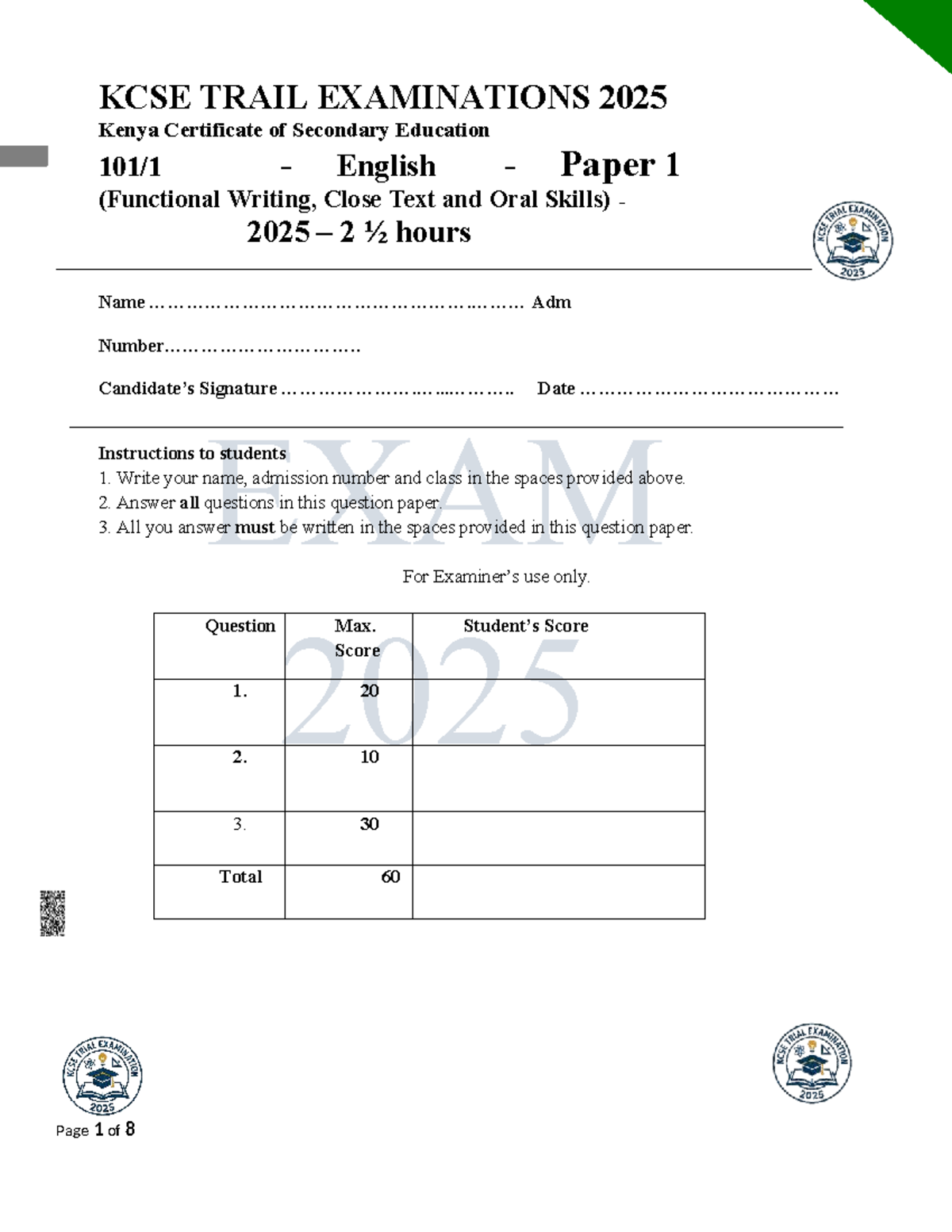 KCSE 2025 English Paper 1: Functional Writing & Oral Skills Exam - Studocu