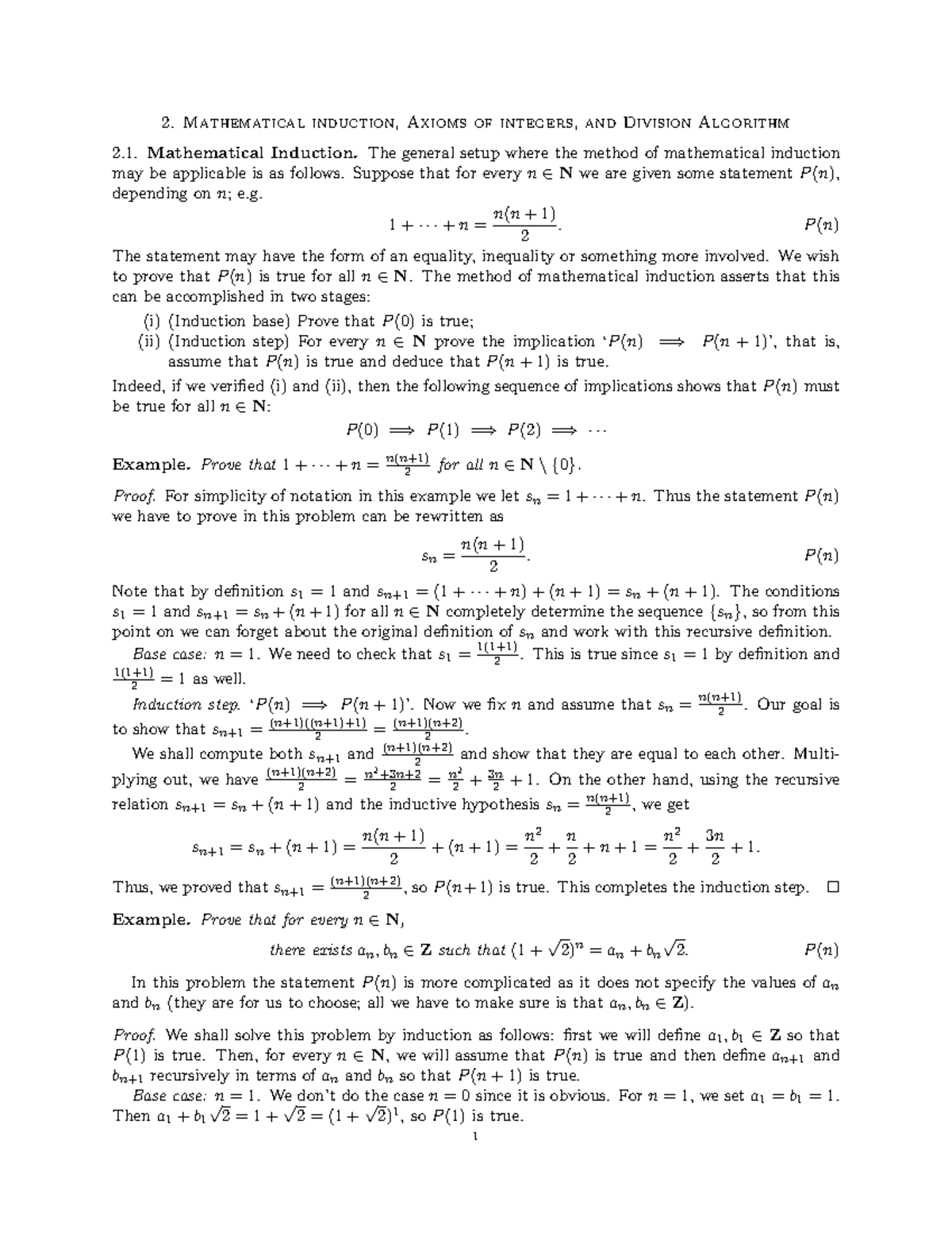Lecture 2 Notes: Mathematical Induction & Axioms of Integers - Studocu