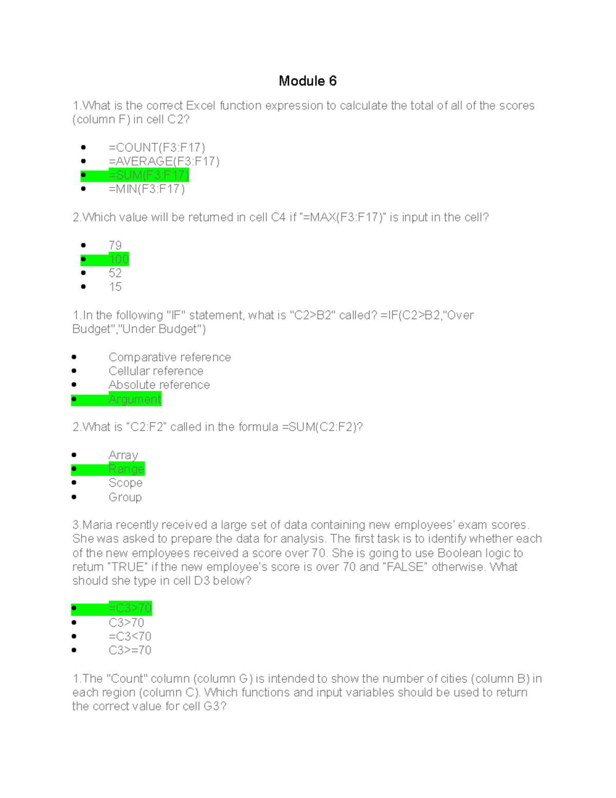Module 6 - Excel Functions Quiz Review - Studocu