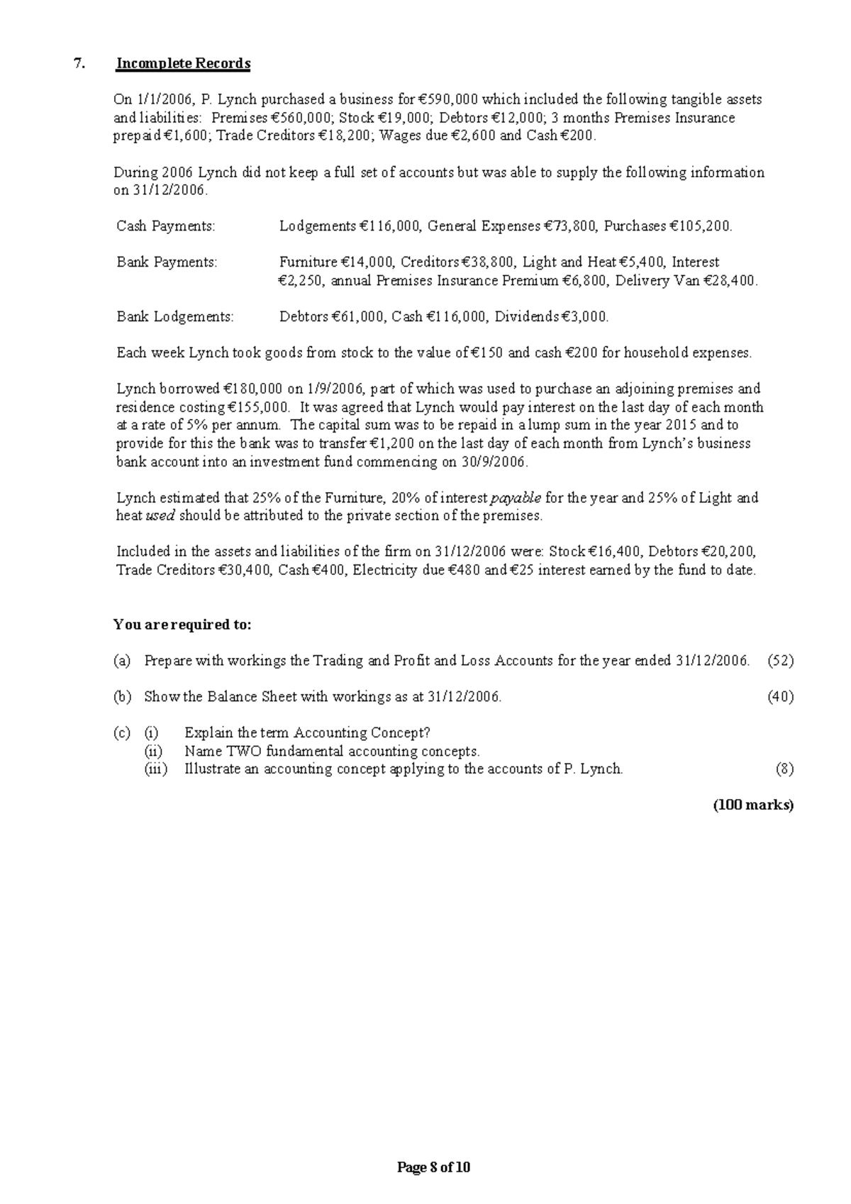 Incomplete Records Case Study: P. Lynch's Business Analysis (2007 ...