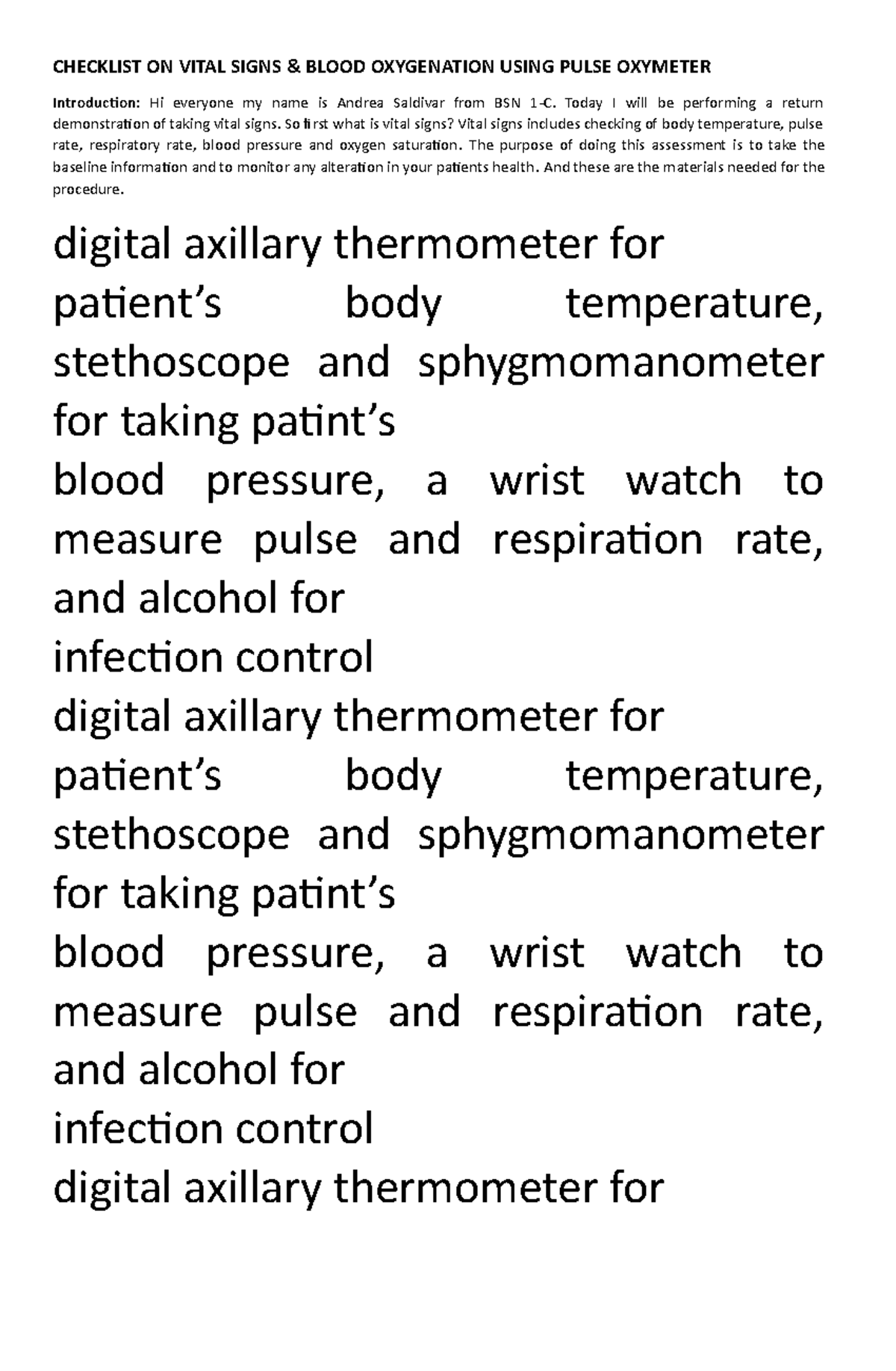 Vital Signs Retdem Script - CHECKLIST ON VITAL SIGNS & BLOOD ...