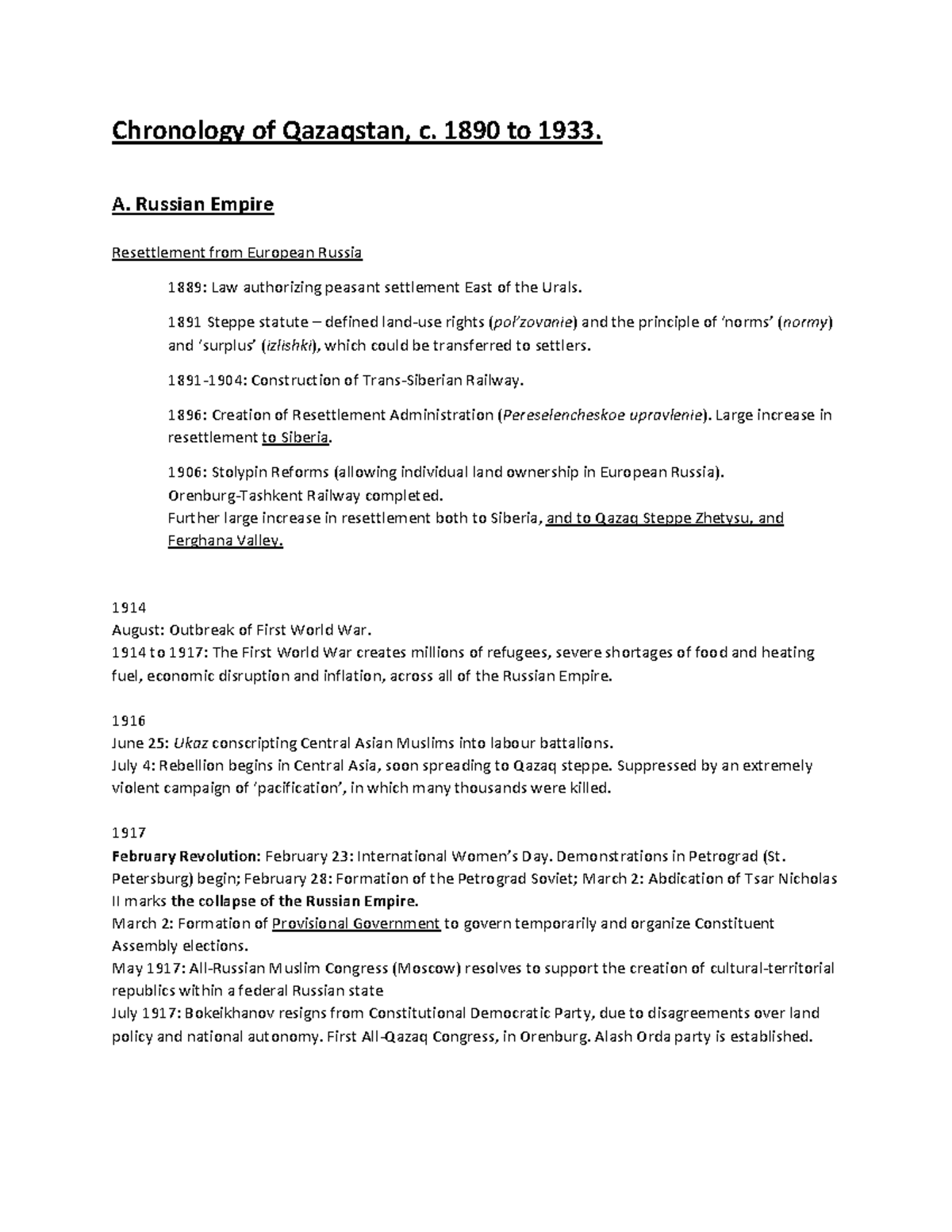 Chronology of Qazaqstan, c. 1890-1933: Key Historical Events - Studocu