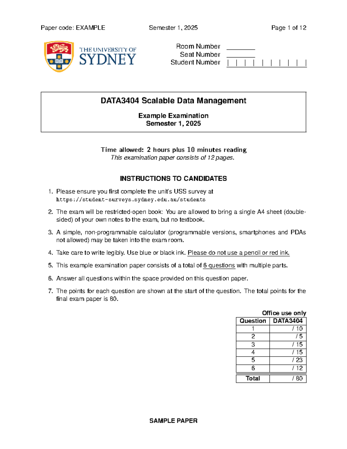 DATA3404 Sample Exam Paper - Scalable Data Management, Sem 1 2025 - Studocu