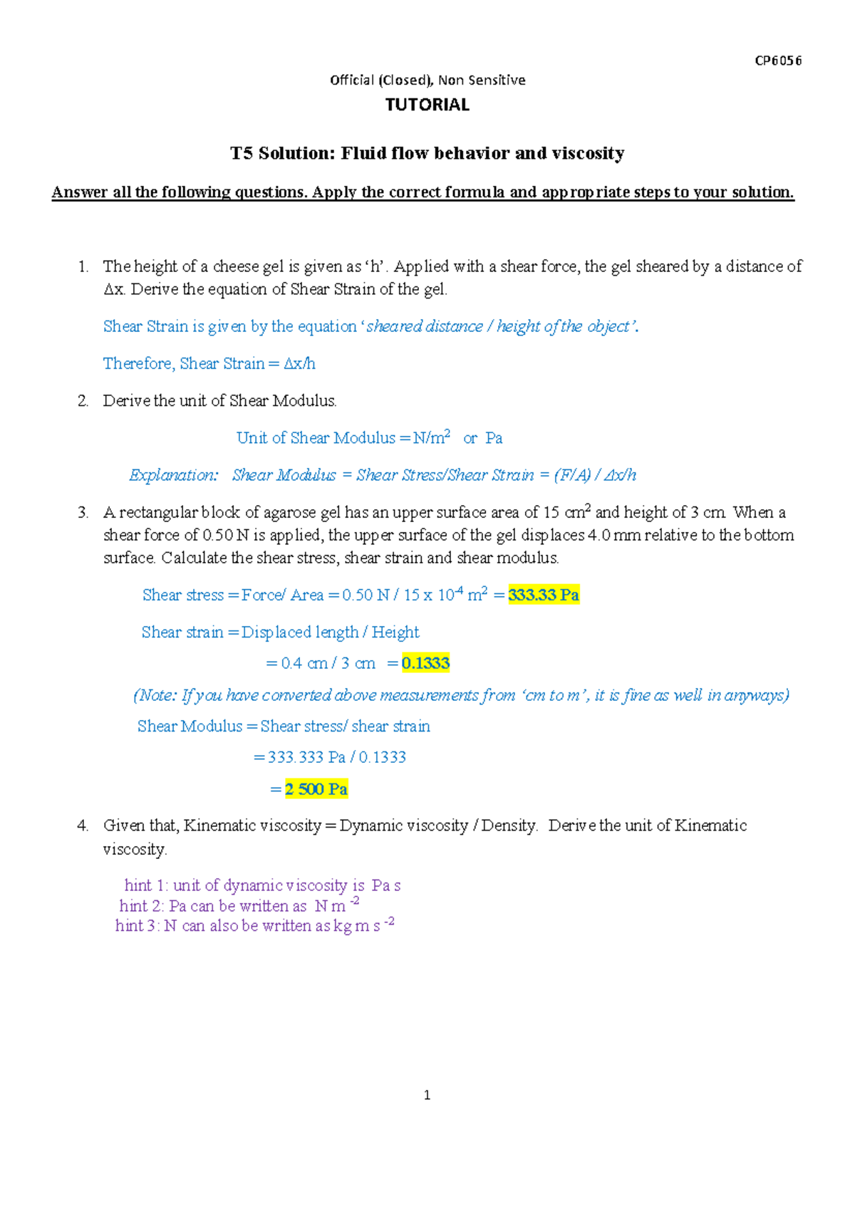 CP6056 T5 Tutorial Solutions: Fluid Flow & Viscosity Analysis - Studocu