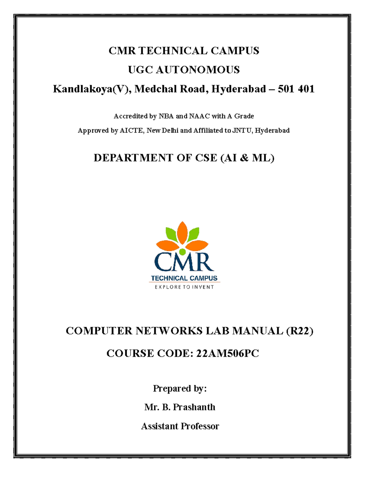 Computer Networks Lab Manual: Experiments & Codes (R22 - 22AM506PC ...