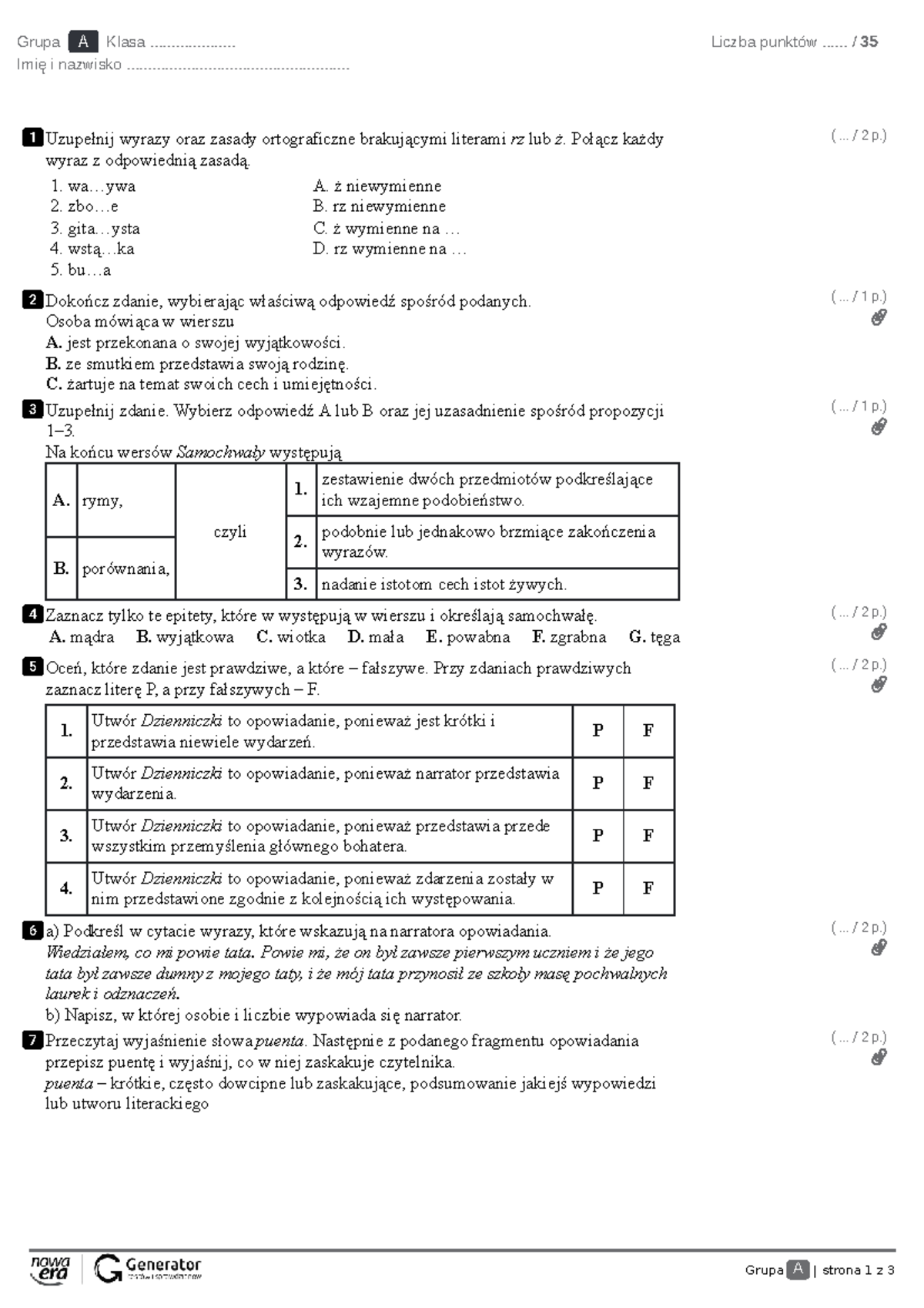 Test podsumowujący - Dział 3 z podręcznika Nowe słowa na start dla ...